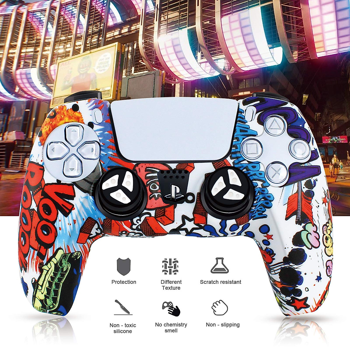 SIKEMAY Silicone Printing Cover Skin for PS5 Controller Grip, Protective Case for PlayStation 5 Accessories with 10 Thumb Grip Caps