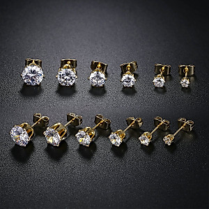6 Pairs Graduated CZ Stud Earrings,18K Yellow Gold Plated Round Cubic Zirconia Stud Earrings for Women Pack of 6
