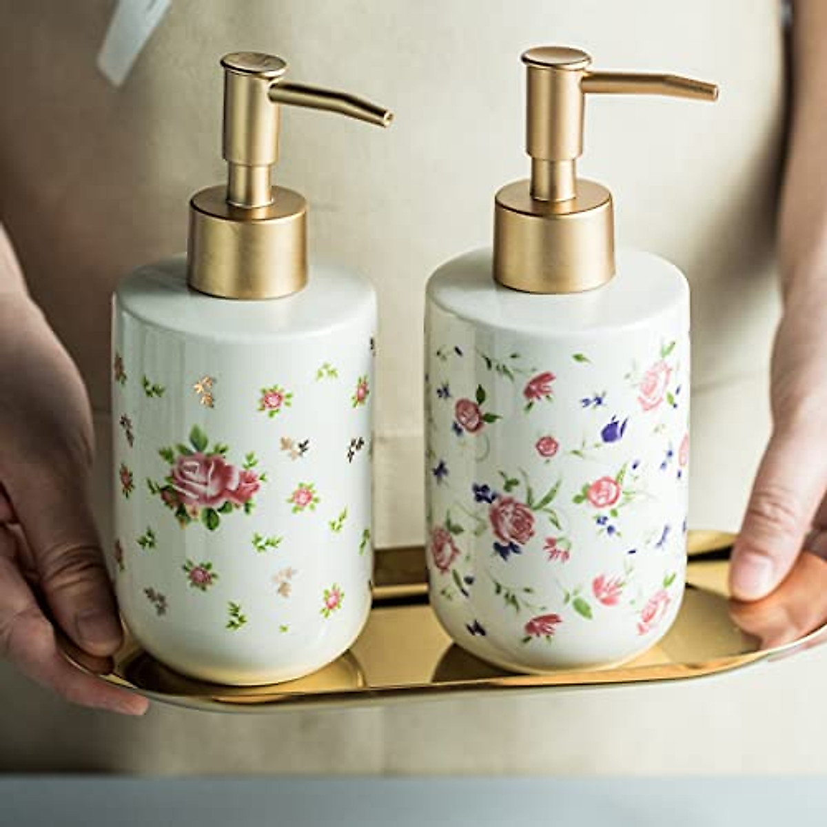 Soap Dispensers Ceramic Soap Dispenser Set with Metal Tray Soap Pump for Kitchen Sink Bathroom Accessory Flower Pattern Set, 10.8oz Lotion Dispenser (Style : Floret)