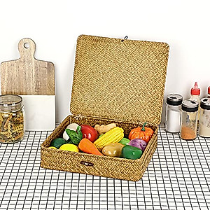 BTSKY 1 Pack Large Wicker Basket With Lid Flat Woven Storage Bins for Shelf Organizing Natural Seagrass Storage Baskets with Lids Home Utility Organizer Box for Home & Office Supplies, Caramel