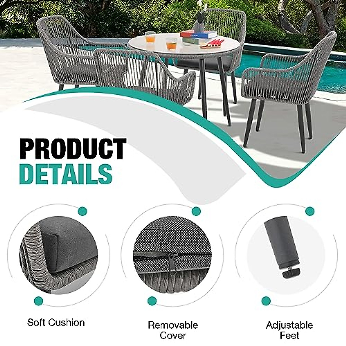 Patiorama 5-Piece Patio Dining Set, Outdoor Dining Table Chair Set, All-Weather Twisted Rattan Wicker Rope Conversation Set, Patio Furniture Set w/Umbrella Hole, 4 Cushioned Chairs&Glass Table(Gray)
