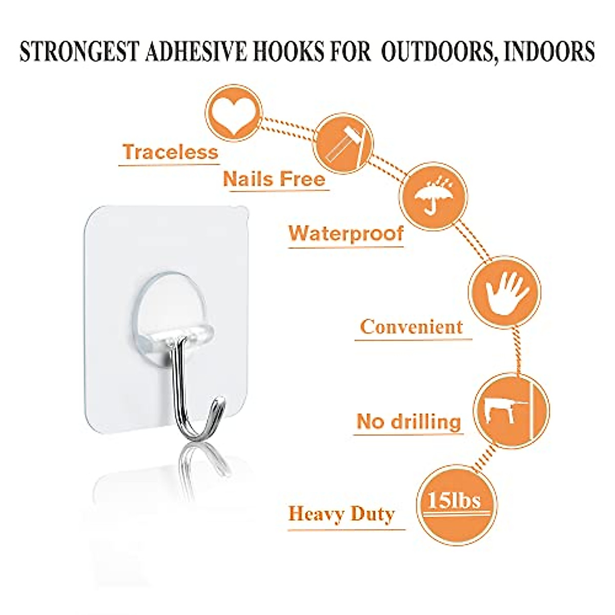 Fotosnow Adhesive Hooks Heavy Duty 15lbs(Max) Transparent Wall Hooks Reusable Seamless Shower Hooks Stick on Hooks for Hanging Bathroom Kitchen Outdoors -10 Pack