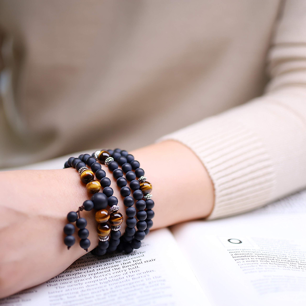 AmorWing Onyx Brown Tiger Eye 108 Mala Beads Wrap Bracelet Necklace