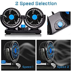 Car Fan 12V, Electric Car Cooling Fan with 360 Degree Adjustable Dual Head That Plugs into Cigarette Lighter/Quiet Noise Auto Fan for Car Truck Van SUV RV Boat Golf Vehicles