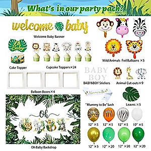 143 PCs Safari Baby Shower Decorations for Boy, Fiesec Jungle Themed Décor Oh Baby Backdrop Balloon Garland Arch Artificial Leaves Box Cutout Glitter Banner Cake Cupcake Topper Zebra Tiger Lion Green
