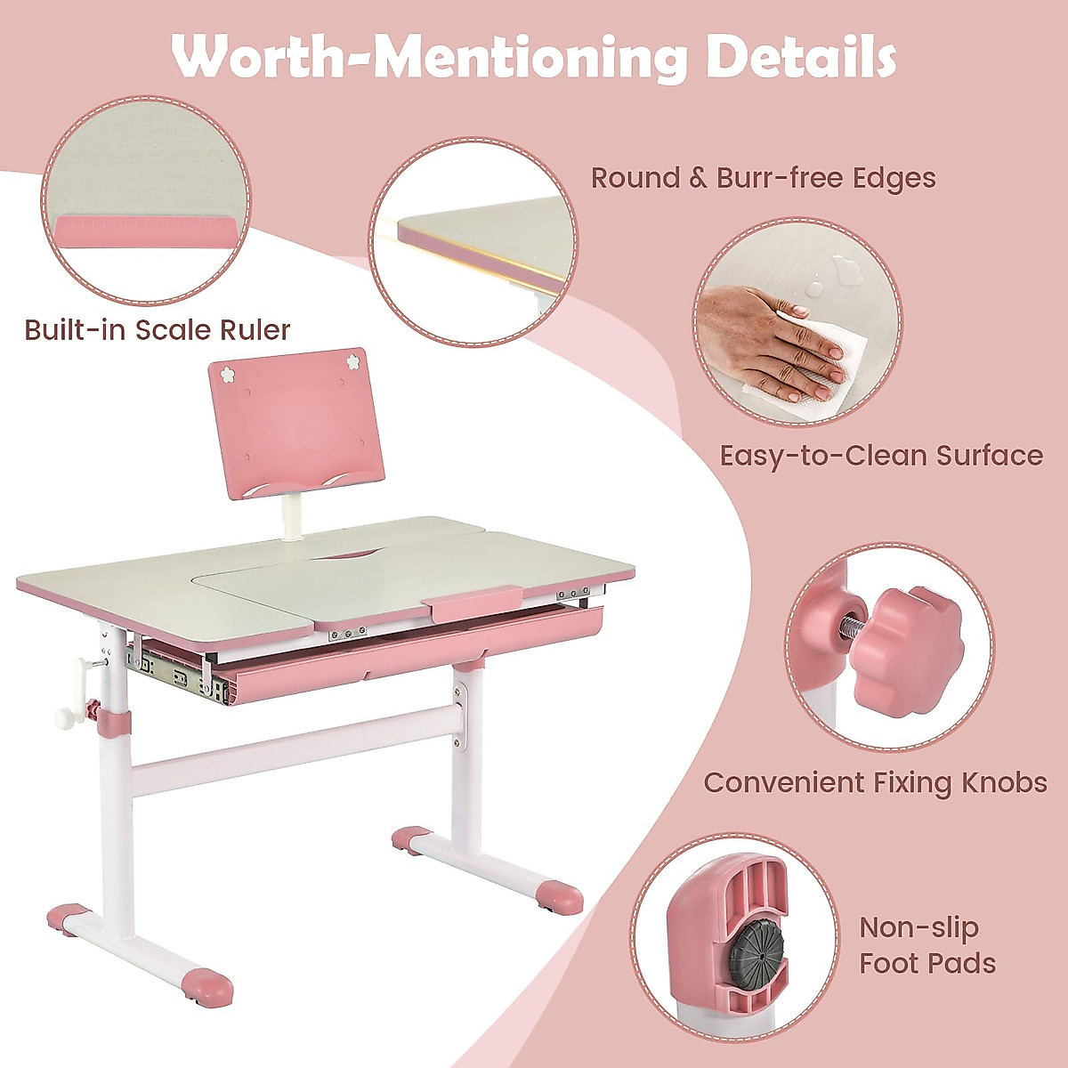 Costzon Kids Desk, Ergonomic Height-Adjustable Children Study Table w/Tiltable Desktop & Book Stand, Pull-Out Storage Drawer & Scale Ruler, Student Workstation for Writing, Drawing, Reading (Pink)