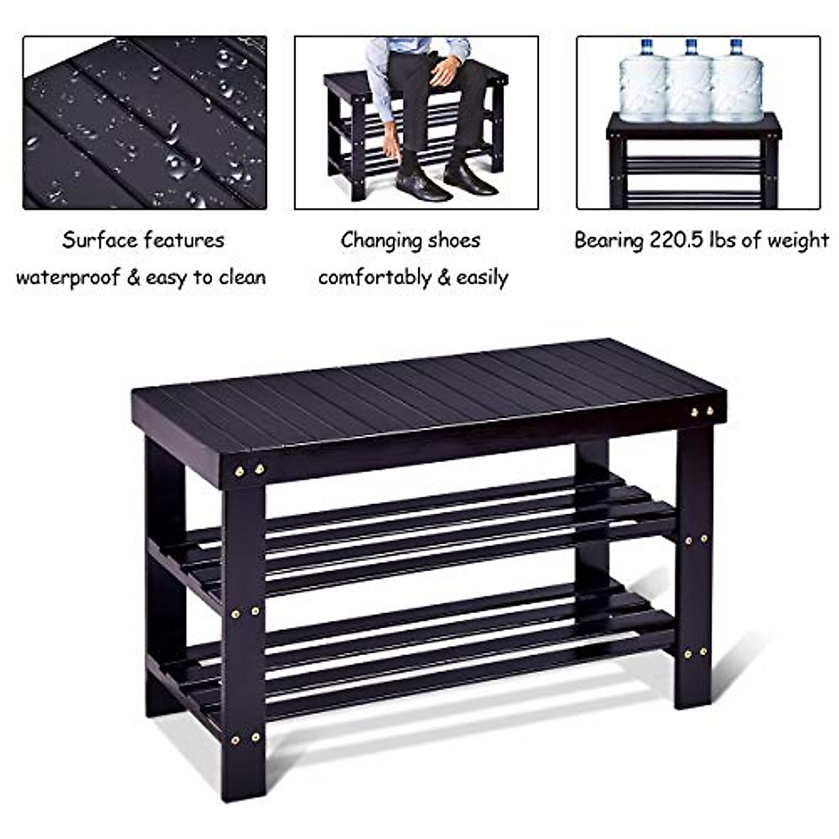 GOFLAME Shoe Bench Rack, 2-tier Bamboo Seat Storage Shelf, Free Standing Shoe Storage Bench with Stylish and Modern Design, Shoe Organizer for Décor Entryway, Hallway, Living Room, Bathroom (Black)