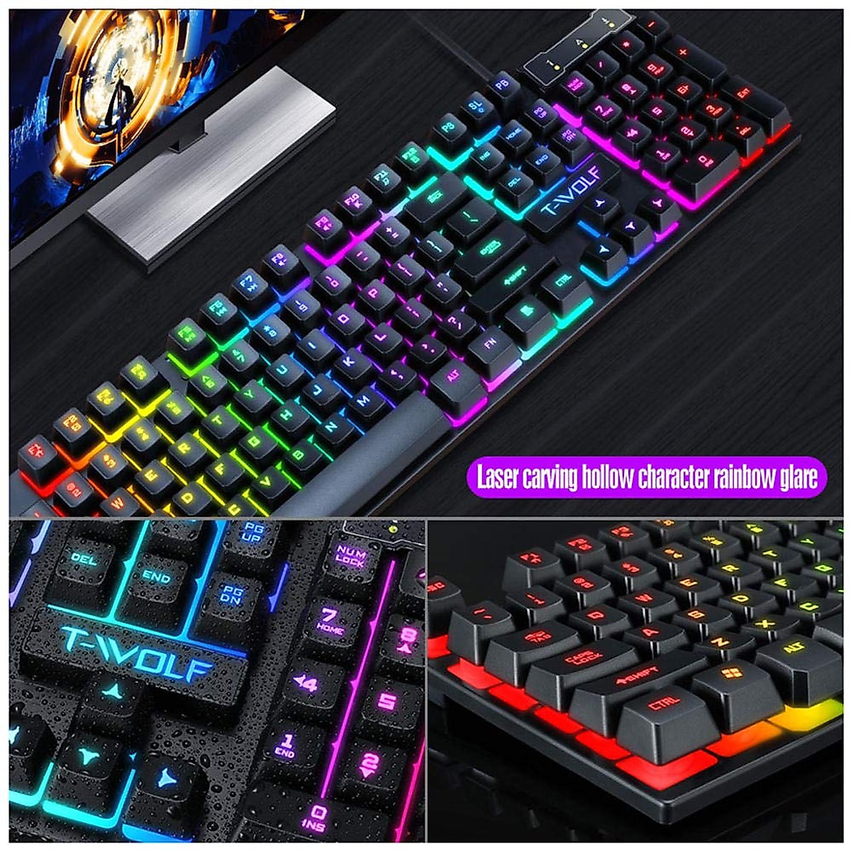 No/Brand Gaming Keyboard, Wired Keyboard with Mouse Combo, Gaming Player Kit with LED-Backlit Keyboard, Silent Gaming Mouse Kit for PC Laptops