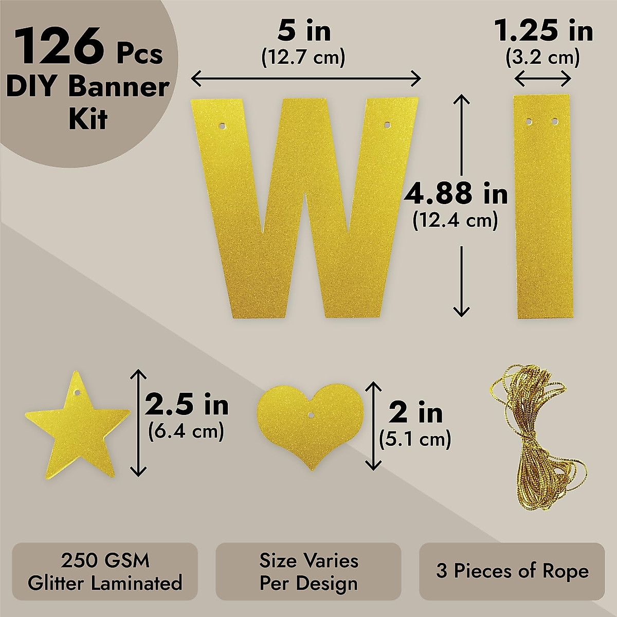 BLUE PANDA 126 Pieces Make Your Own Banner Kit - DIY Banner with Gold Glitter Letters A-Z, Numbers 0-9, Hearts, Stars, and 3 Strings