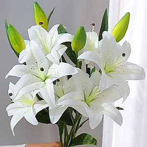 Aiinoo 5pcs Artificial Lily Faux Flowers Plastic Easter Tiger Lily Real Touch Bouquet for Wedding Party Home Garden Hotel Decor (White)