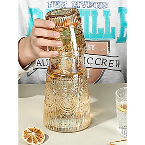 RockTrend Retro Sunflower Relief Glass Bedside Night Water Carafe with Tumbler Glass, Glass Pitcher and Cup Set-Amber