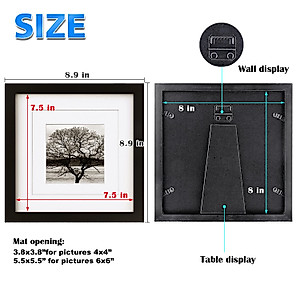 Egofine 8x8 Picture Frames 4 PCS - Made of Solid Wood Covered by Plexiglass Display 4x4/6x6 with Mat or 8x8 without Mat, for Table Top Display and Wall Mounting Photo Frame Black