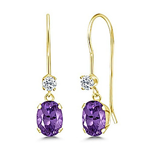 Gem Stone King 14K Yellow Gold Purple Amethyst and White Topaz French Wire Dangle Earrings For Women (1.06 Cttw, Gemstone February Birthstone, Oval 6X4MM and Round 2.5MM)