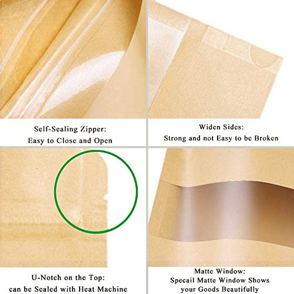 SumDirect Kraft Zip Lock Stand Up Bags Pouches with Notch and Matte Window,7X10 Inches,9.5oz,Pack of 50