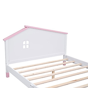 MERITLINE Full Bed Frame with House-Shaped Headboard, Wooden Full Size Platform Bed Frame with Shelf, Cute Full Bed for Kids Teens Girls Boys, No Box Spring Needed, White+Pink
