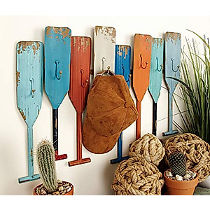 Deco 79 Metal Paddle Indoor Outdoor Distressed Oar Shaped 8 Hooks Wall Hook, 26" x 1" x 20", Multi Colored