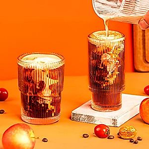 Combler Ribbed Drinking Glasses, Ribbed Glass Cups 11oz Set of 4, Ribbed Glassware for Water Whiskey Beer Cocktail Glasses, Iced Coffee Cup, Apartment Must Haves Essentials, Birthday Gifts for Women