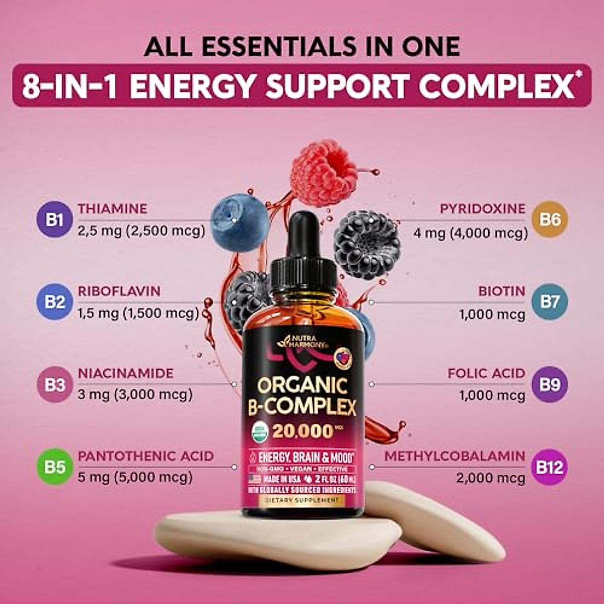 USDA Organic Vitamin B-Complex B5 Pantothenic Acid | B12 Methylcobalamin | B1 Thiamine | B6 Pyridoxine | B7 Biotin | B9 Folic | B3 Niacinamide - B Complex Liquid Drops, Made in USA Supplement, 2fl oz