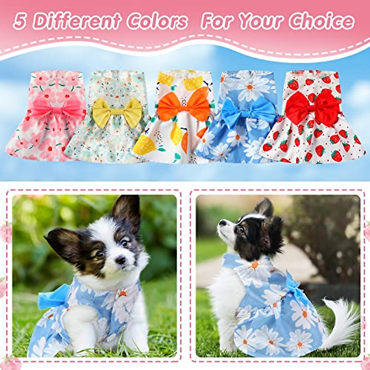 5 Pieces Dog Dresses for Small Dogs Girls Floral Puppy Dresses Pet Dog Princess Bowknot Dress Cute Doggie Summer Outfits Dog Clothes for Yorkie Female Cat Small Pets, 5 Styles(Small)