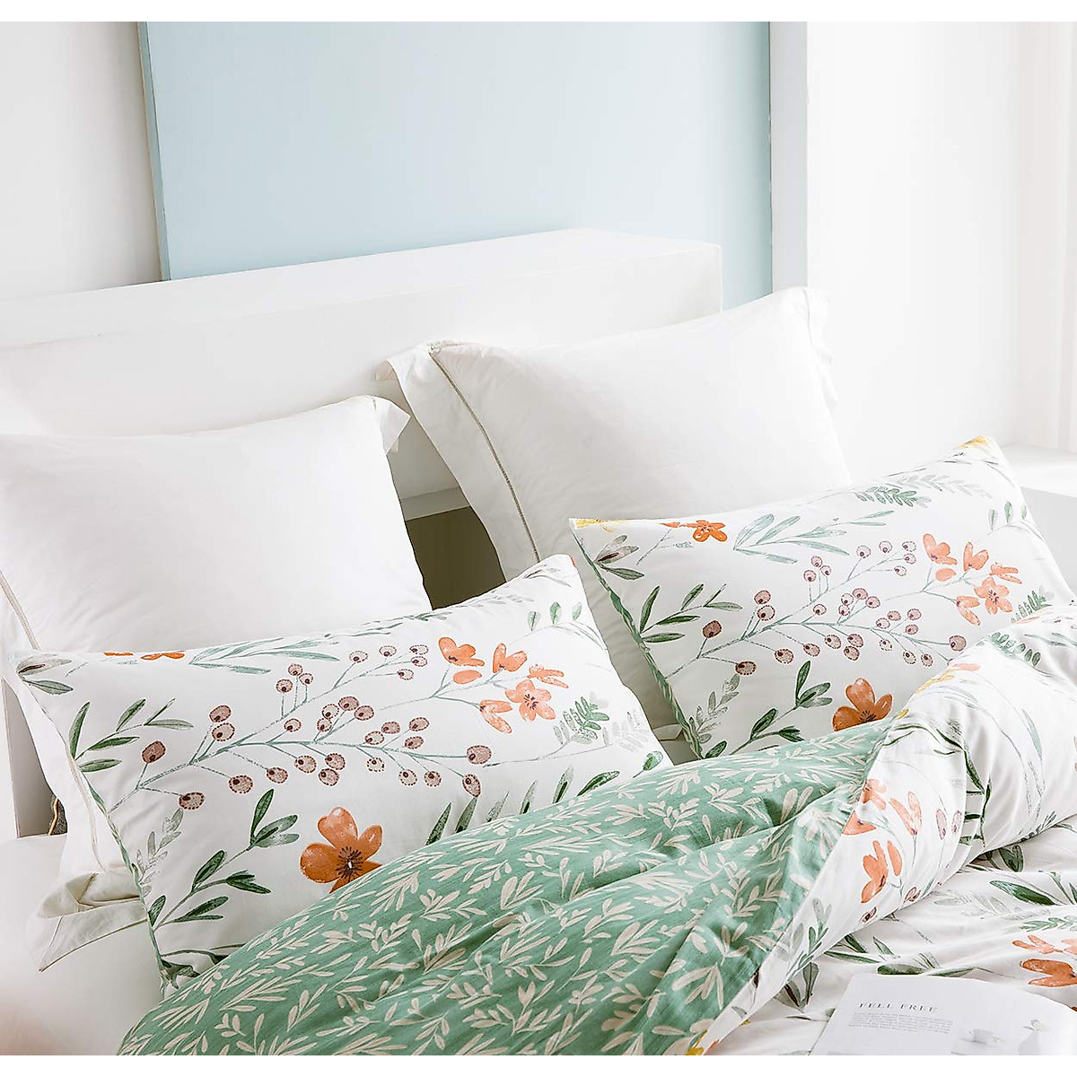 SLEEPBELLA Duvet Cover Set 600 Thread Count Cotton Bedding Set (Twin, White&Green Floral)