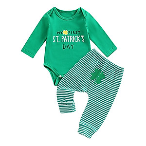 FIOMVA St. Patricks Day Outfit Set, Green 2Pcs Romper Bodysuit+Striped Pants, Infant Boys/Girls Clothing, 6-12 Months