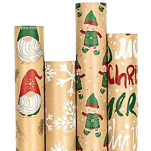RUSPEPA Christmas Wrapping Paper, Kraft Paper - Santa Claus, Gnome, Snowflake and Merry Christmas - 4 Rolls - 30 inches x 10 feet per Roll