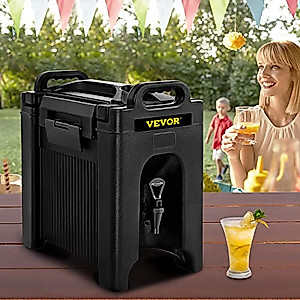 VEVOR Insulated Beverage Dispenser, 2.5 Gal, Double-Walled Beverage Server w/PU Insulation Layer, Hot and Cold Drink Dispenser w/ 2-Stage Faucet Handles Nylon Latches Vent Cap, NSF Approved, Black