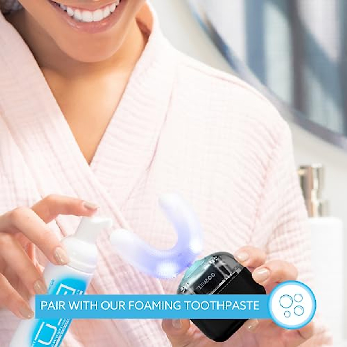 GO SMILE Sonic BLU Hands-Free Professional Teeth Whitening Kit - Hands Free Toothbrush With Gum Massager - Includes Cordless Charger & Foaming Toothpaste & Whitening Tray - No Tooth Sensitivity -Black