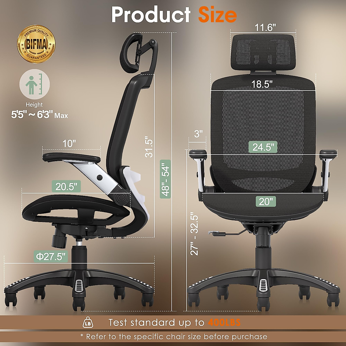GABRYLLY Ergonomic Mesh Office Chair, High Back Desk Chair - Adjustable Headrest with Flip-Up Arms, Tilt Function, Lumbar Support and PU Wheels, Swivel Computer Task Chair