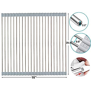 EC ELEGANTCHARM Roll Up Dish Drying Racks, Over Kitchen Sink Counter Rv Wide 17.5" x 16" Rollup Dish Rack, Foldable Stainless Steel Multipurpose Heat Resistant Rolling Dishes Drainer