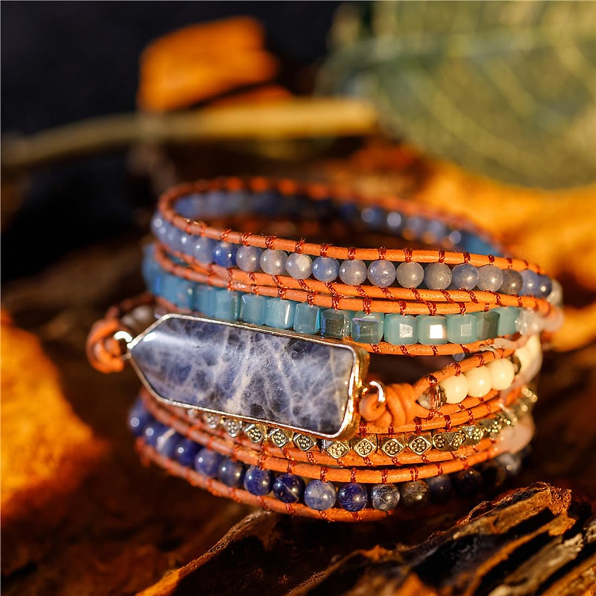 YGLINE Created Beads Genuine Leather 5 Wrap Bracelet Handmade Summer Jewelry