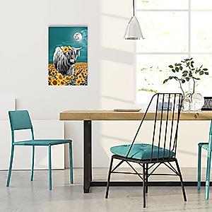 Highland Cow Sunflower Wall Art: Scottish Cow Canvas Print Farmhouse Wall Decor - Blossom Flowers Field Picture Bedroom Decoration Teal Moon Decorative Artwork for Home Office 10" x 15"