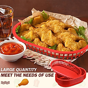 60 Pack Fast Food Baskets for Serving,10.5" x 7" Plastic Bread Baskets Oval Retro Storage Basket Bin Food Service Tray for Restaurant,Chip,Hot Dog,Burger,Sandwiches, BBQ, Picnic, Party (Red)