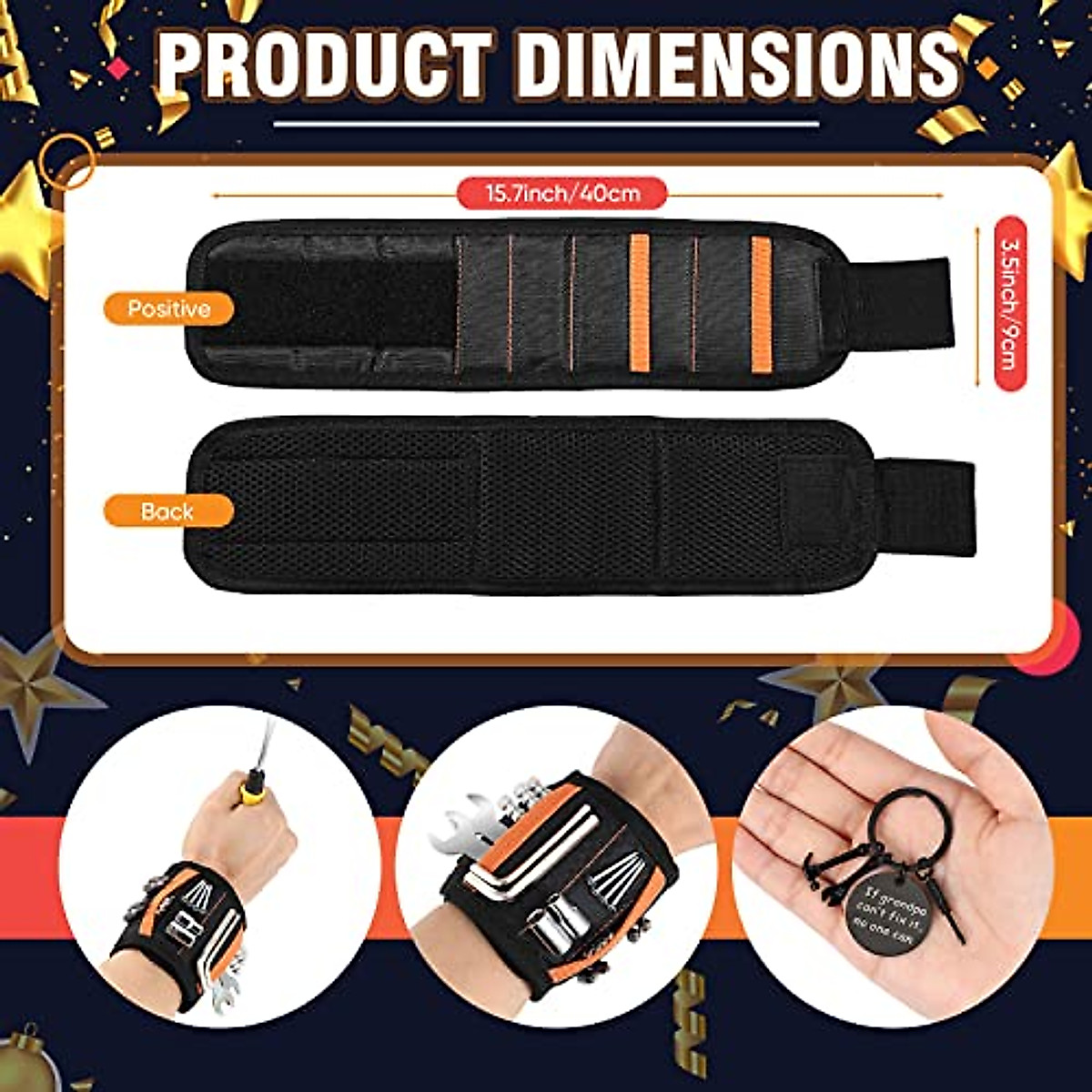 5 Pcs Magnetic Wristband Tools Set Gifts for Men Christmas Stocking Stuffers 1 Magnetic Wristband to Hold Screw Nail 1 Keychain 1 Pick up Tool 1 Gift Bag 1 Gift Box Cool Gadget Birthday Gift (Grandpa)