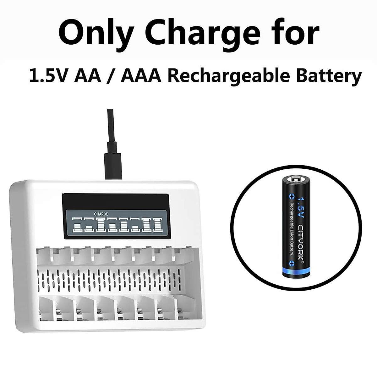 CITYORK 1.5V Rechargeable Lithium Battery with Charger, 4 Pack 1.5V AA 3000mWh and AAA 1200mWh Rechargeable Lithium Battery, LCD Display Quick Independent Battery Charger