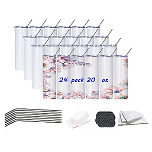 Case of 24pk Stainless Steel Sublimation Tumblers Straight Skinny Blank Mugs With Lids And Straw +Rubber mat (20oz)