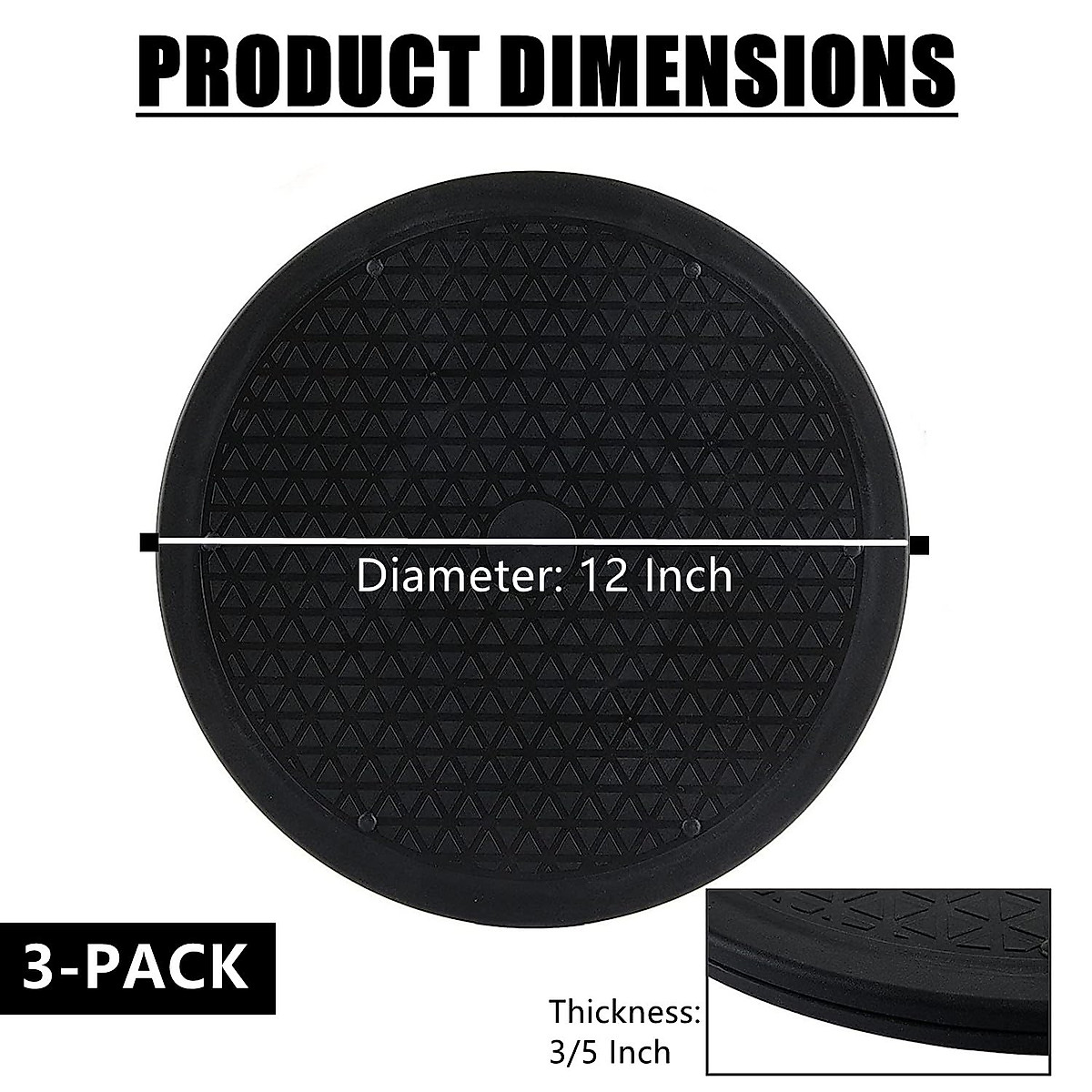Pack of 3, 12 Inch Lazy Susan Turntable Organizer, Non Skid Heavy Duty Rotating Swivel Steel Ball Bearings, Holds up to 80 lbs, Black Plastic Turn Table - Used for Cabinets, Monitor, TV, etc