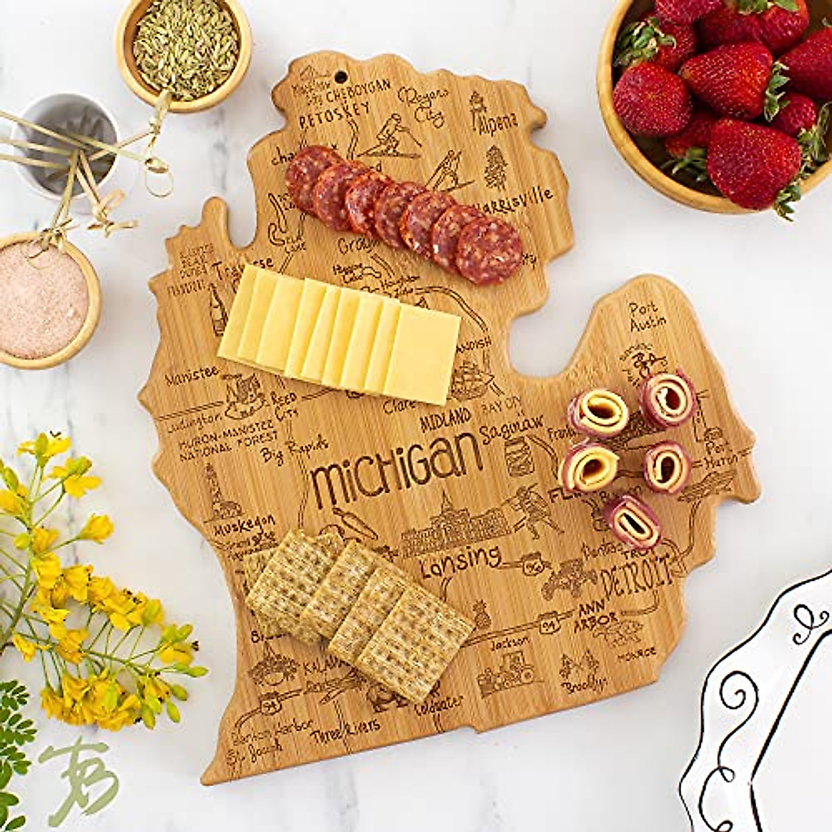 Totally Bamboo Destination Michigan State Shaped Serving and Cutting Board, Includes Hang Tie for Wall Display