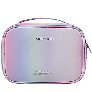 Meiyuuo Gradient Makeup Bag Large Travel Makeup Case Cosmetic Bags for Women Carry on Zipper Pouch Toiletry Bag Cute Colorful Organizer(Rainbow Pink)