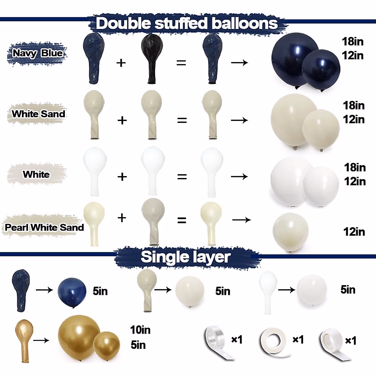 Navy Blue White Balloons Double Stuffed Balloons 18/12/10/5 inch Royal Blue Gold Pearl White Sand Dark Blue Cream Balloon Arch Garland Kit for Anniversary Wedding Graduation Birthday Party Decorations