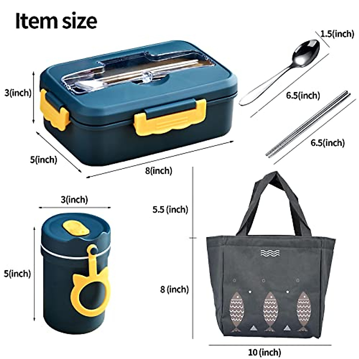 Jossens Bento Box Set,1100ML Leakproof Lunch Box Kit With Utensils,Breakfast Cup and Lunch Bag,3 Compartment Microwave Lunch Containers,BPA Free(Blue)