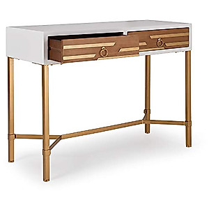 Adore Decor Jupiter Console Table with 2 Drawers, Mid Century Modern Rectangular Small Space Accent Desk for Living Room, Entryway, Home Office, Metal Legs, Easy Assembly, White and Gold