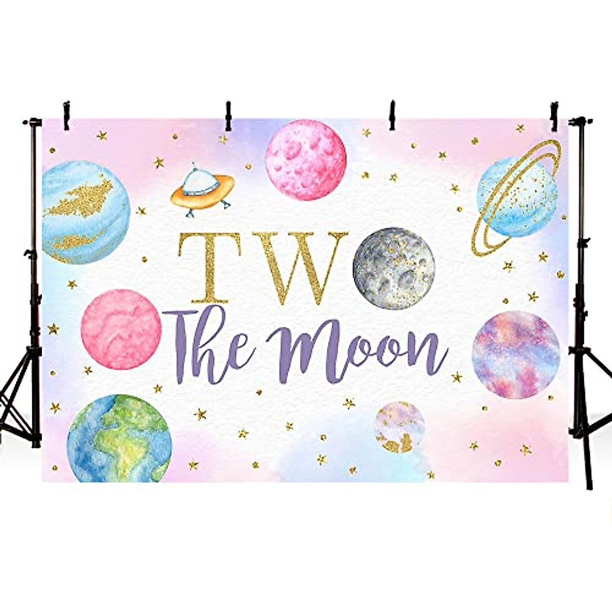 MEHOFOND 7x5ft Outer Space Two The Moon Backdrop Girl Happy 2nd Birthday Pink Gold Party Supplies Galaxy Planets Stars Theme Background Decor Photobooth Props Banner