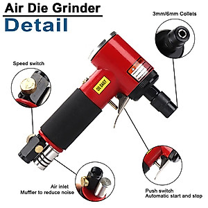 BaiNuo Pneumatic Angle Die Grinder - Right Angle Grinder Machine | ¼” Air Inlet Variable Speed Pneumatic Grinding Machine with 1/4" And 1/8" Collet, New Version Air Tool Set (Red)