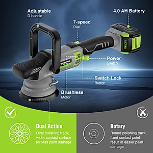 WORKPRO 20V Cordless Buffer Polisher Kit, Brushless Dual Action Polisher with 4.0Ah Battery, 7 Variable Speed Up to 5000RPM, Random Orbital Polisher Kit for Car Detailing, Waxing, Polishing
