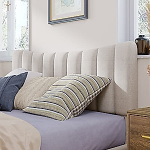 Mancofy Queen Size Upholstered Platform Bed Frame with Tufted Curved Headboard, Bedroom Furniture Heavy Duty Wood Platform Bed with Strong Wood Slat Support, No Box Spring Needed (Cream)