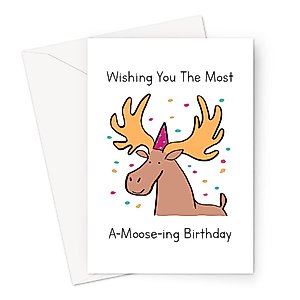 Wishing You The Most A-Moose-ing Birthday Greeting Card | Funny Moose Pun Birthday Card for Friend, Moose in Party Hat, Have an Amazing Birthday, Animal Joke Birthday Card