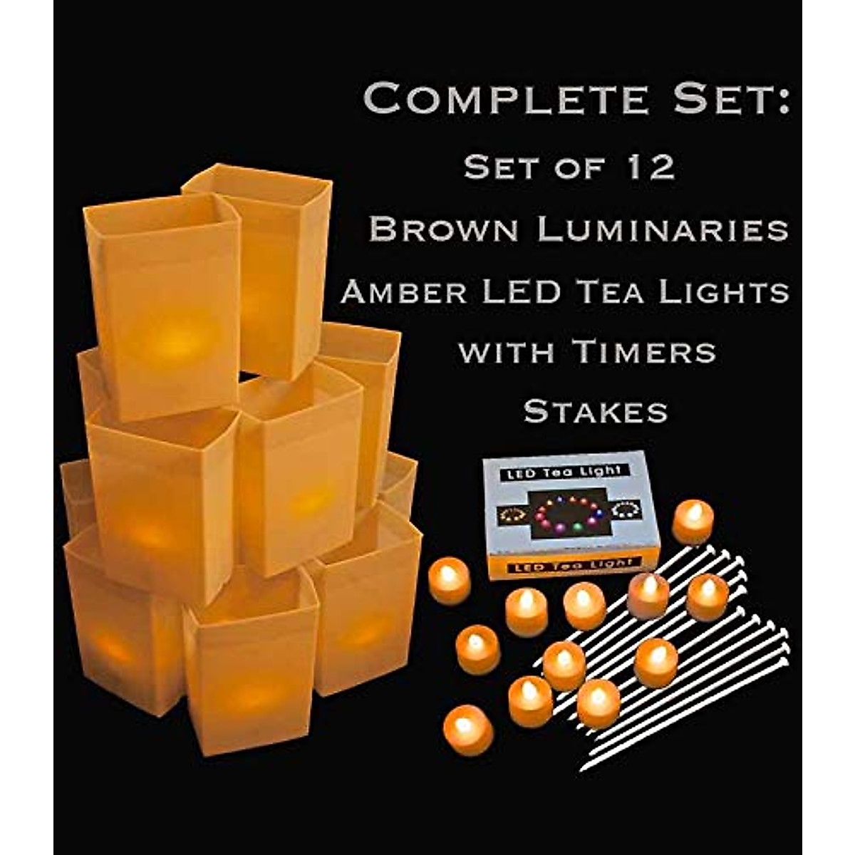 Set of 12 Brown Luminaries, Amber LED Tea Lights & Stakes