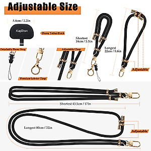Universal Phone Lanyard with Wrist Strap, Adjustable Crossbody Cell Phone Lanyard Neck Strap and Wristlet Strap with 2 Lobster Clips, Phone Tether Patches and Phone Straps (Black/Gold, 2 Pack)