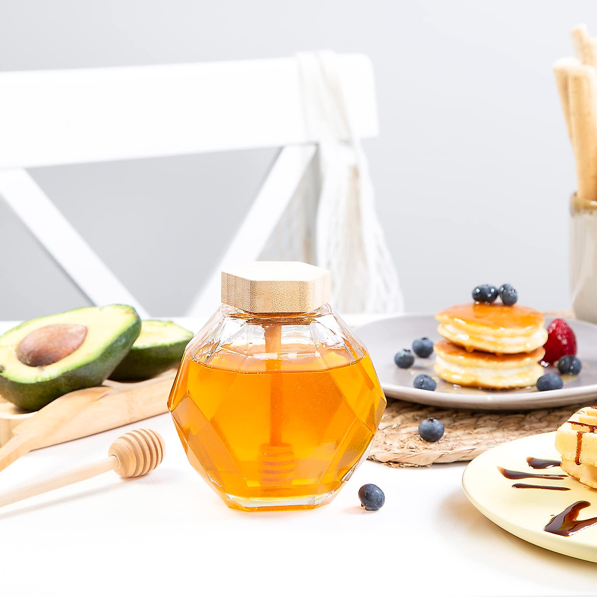 12 Ounce Glass Honey Jars with Dipper,Airtight Hexagonal Lid Glass Honey Jars,Honey Jar with Natural Wood Lid and Dipper Transparent Honey Jar and Honey Stick set with Lid TIMUR HOME KITCHEN (Cork)